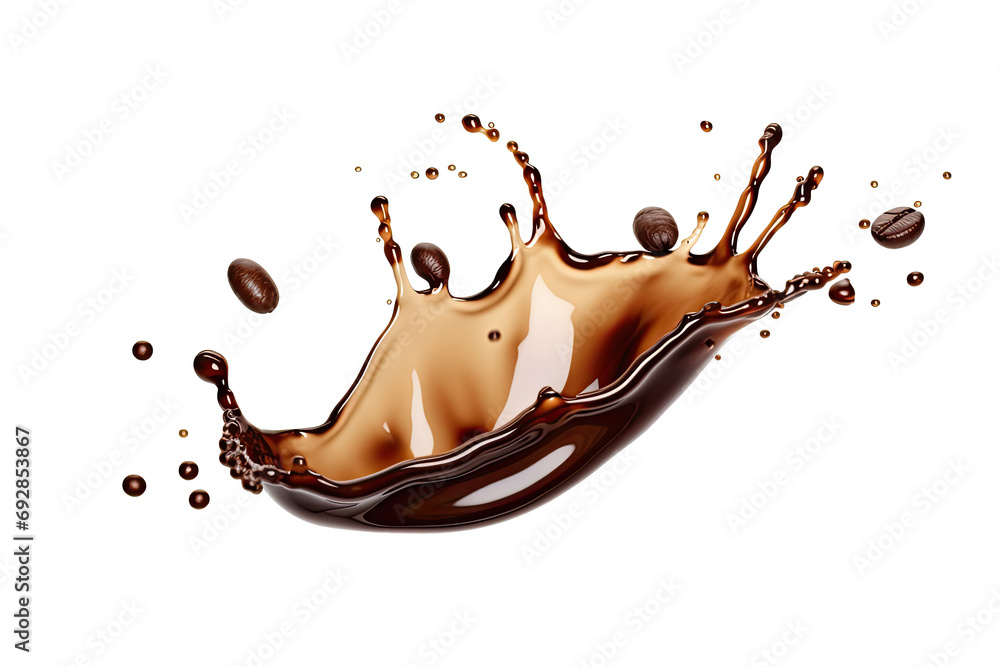 Milk Brown coffee liquid swirl splash and little bubbles with falling ...