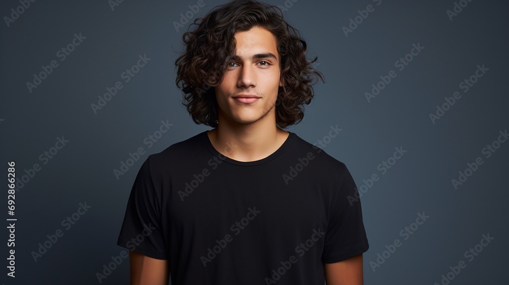 Handsome brunette young man in simple black t-shirt with curly hair ...