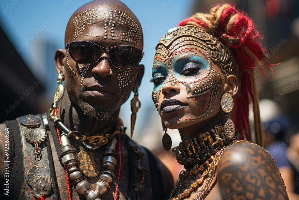 Couple of people with voodoo makeup, full-body tattoos, black african persons with afropunk or ...