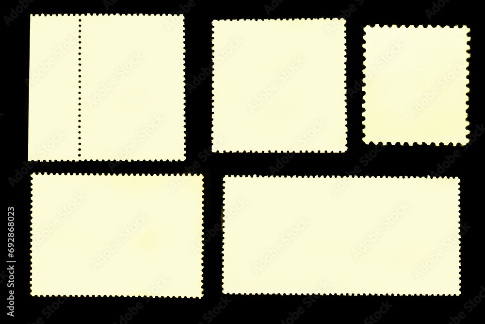 Set of blank postage stamps isolated on white background. Texture of ...