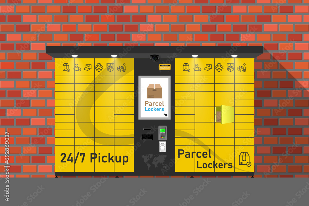 Automated parcel locker with self-service terminal display and mailbox ...