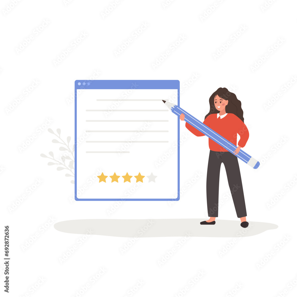 Customer review concept. Woman holding huge pen and leaving comment ...