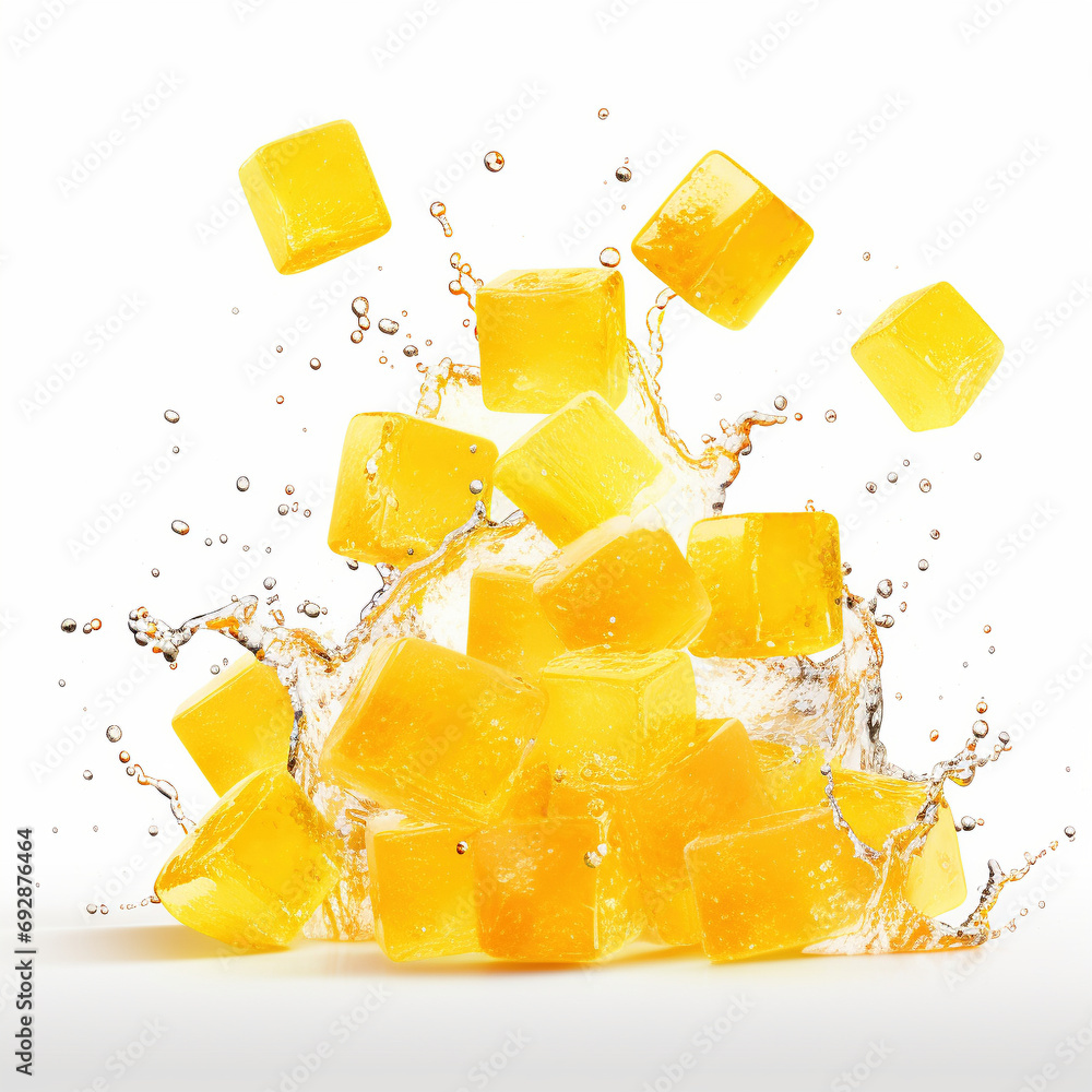 many sugar coated bright light yellow cube gummies surrounded by ...