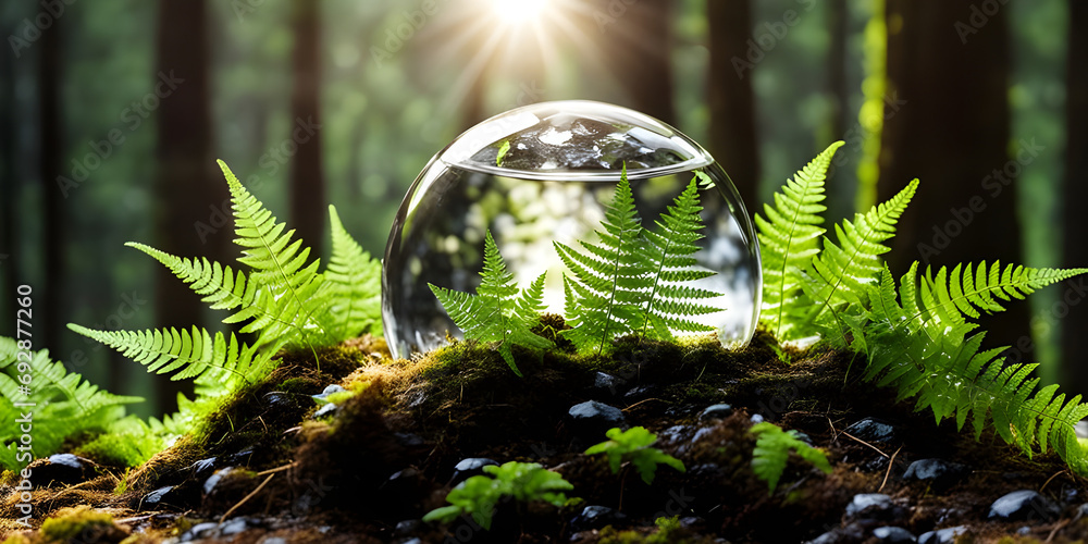 Environmental concept. Crystal Earth on forest moss with fern and ...