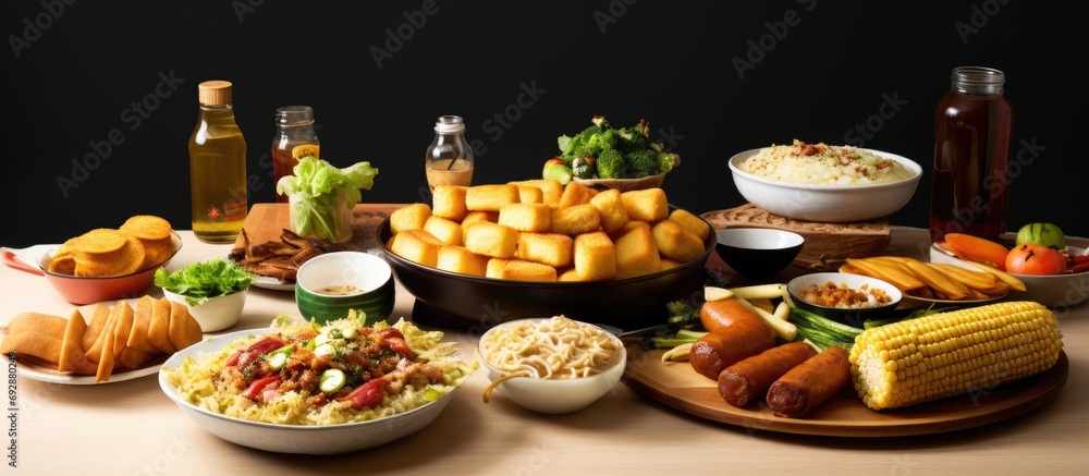 Brazilian June party food: a table with hominy, corn, mini hot dogs ...