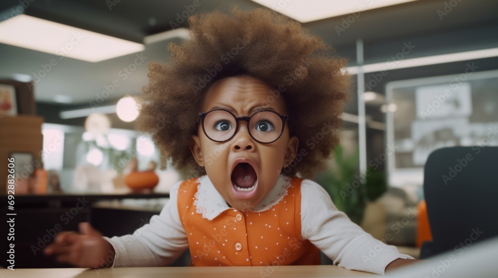 Child at work in the office sitting at the table. Angry girl at work ...