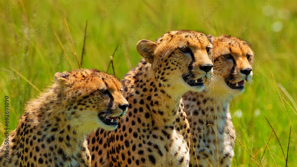 Three cheetahs, their spotted fur blending with the grassy field ...