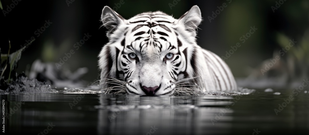 Monochromatic image of a white tiger in aquatic surroundings. Stock ...