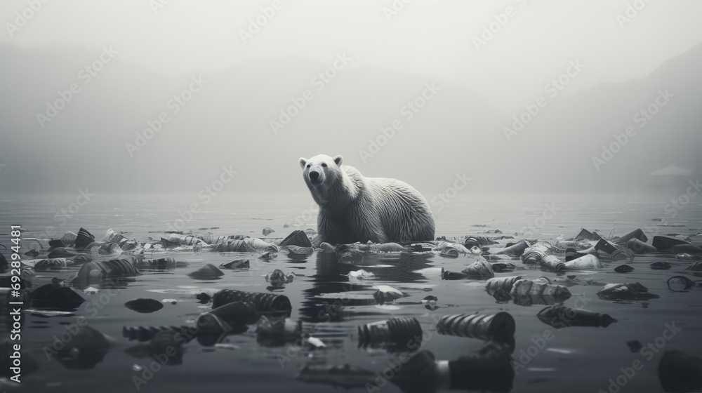 Puzzled polar bear stands in desolate gray world of melted ice, plastic ...
