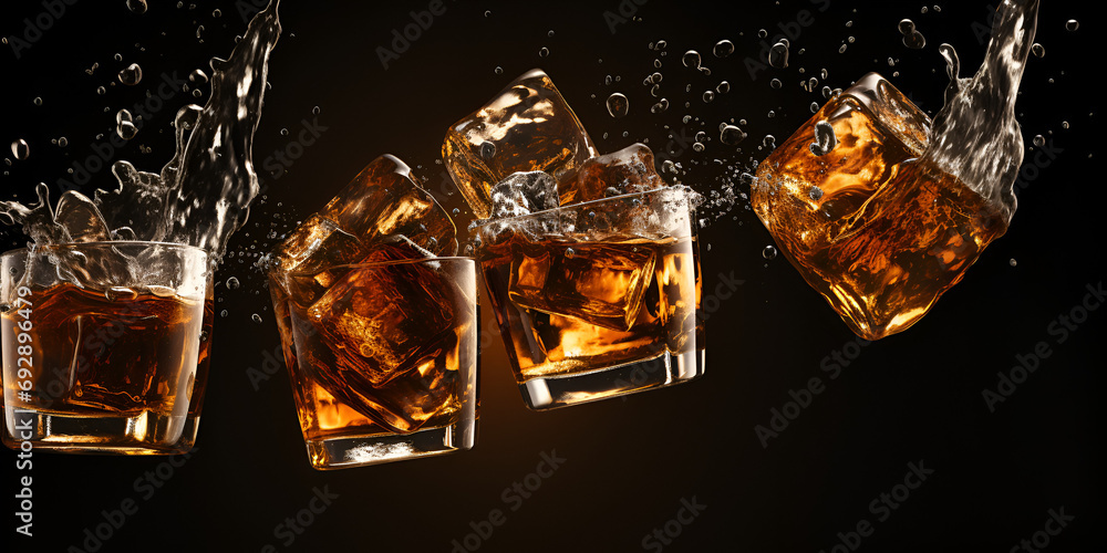 TWO WHISKEY GLASSES WITH ICE CUBES FLOATING IN THE AIR, Isolated shot ...