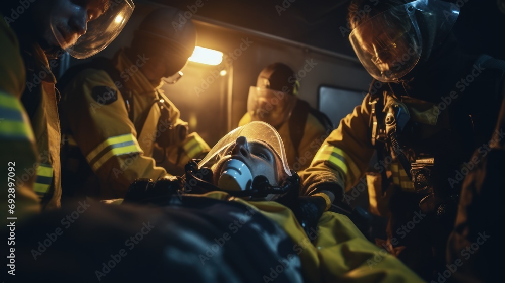 Rescuers wore oxygen masks to save the life of a female victim lying on ...