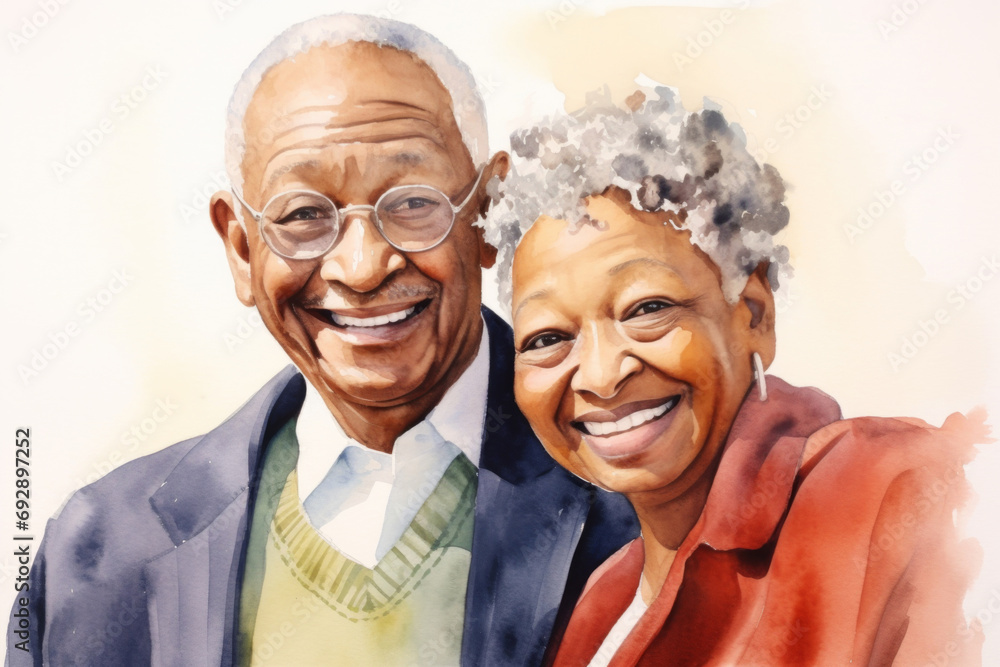 Senior, couple and watercolour portrait illustration on a white ...
