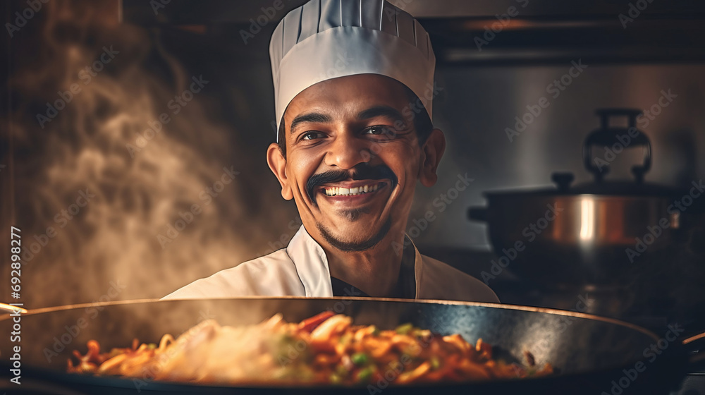 Smiling Indian chef cooking flavorful spicy dish showcasing rich ...