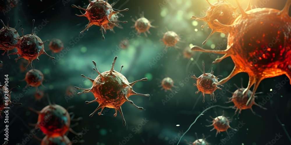 Detailed illustration of a virus invading human cells, showing the ...