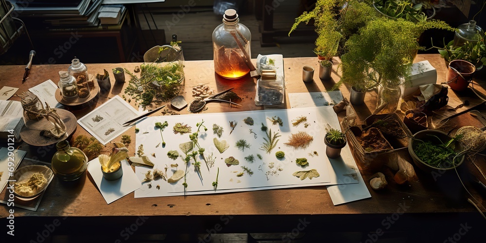 Overhead view of a biologist's workspace with microscope slides, plant ...
