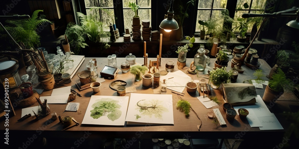 Overhead view of a biologist's workspace with microscope slides, plant ...