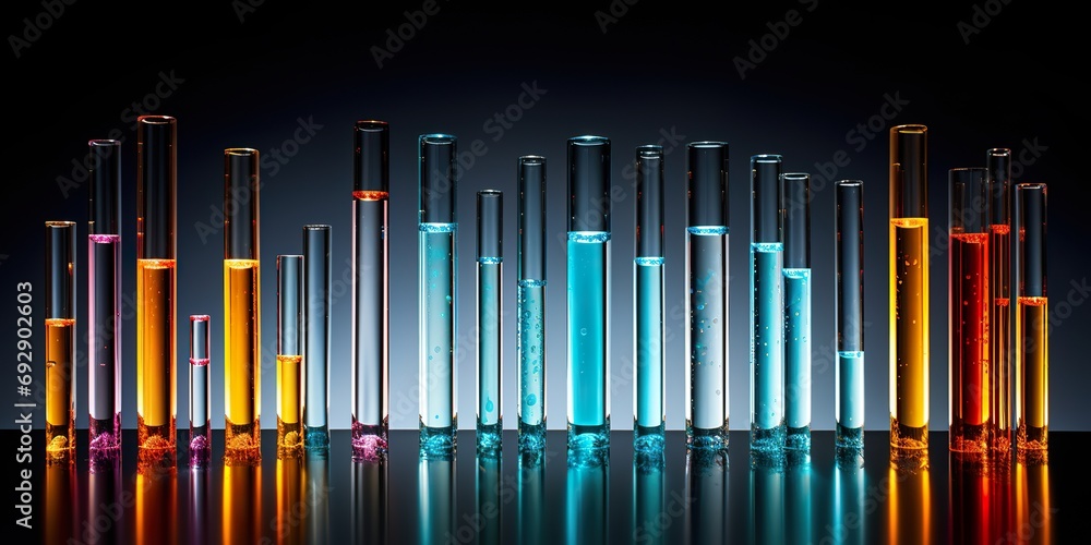 Stacked arrangement of glass tubes with varying levels of liquids ...