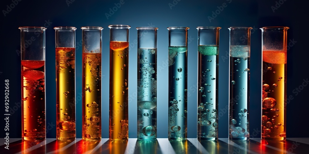 Stacked arrangement of glass tubes with varying levels of liquids ...