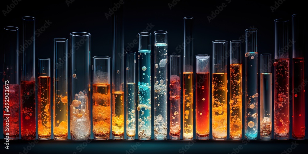 Stacked arrangement of glass tubes with varying levels of liquids ...