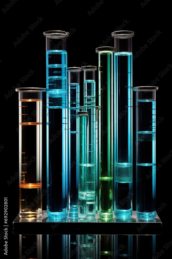 Stacked arrangement of glass tubes with varying levels of liquids ...
