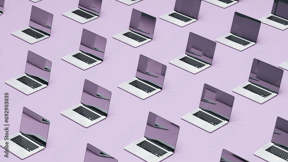 Laptop notebook network communication isometric grid layout pale purple ...