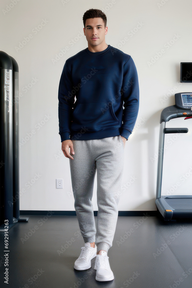 Fitness young man in light tracksuit standing in the gym. Generative AI ...