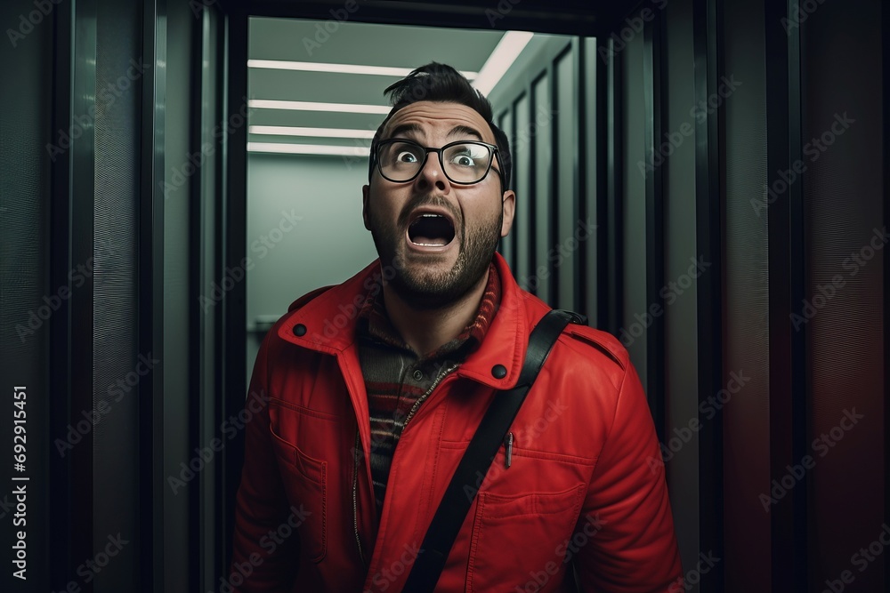 Man 30 years old looking outside of elevator doors. Scared mature man ...