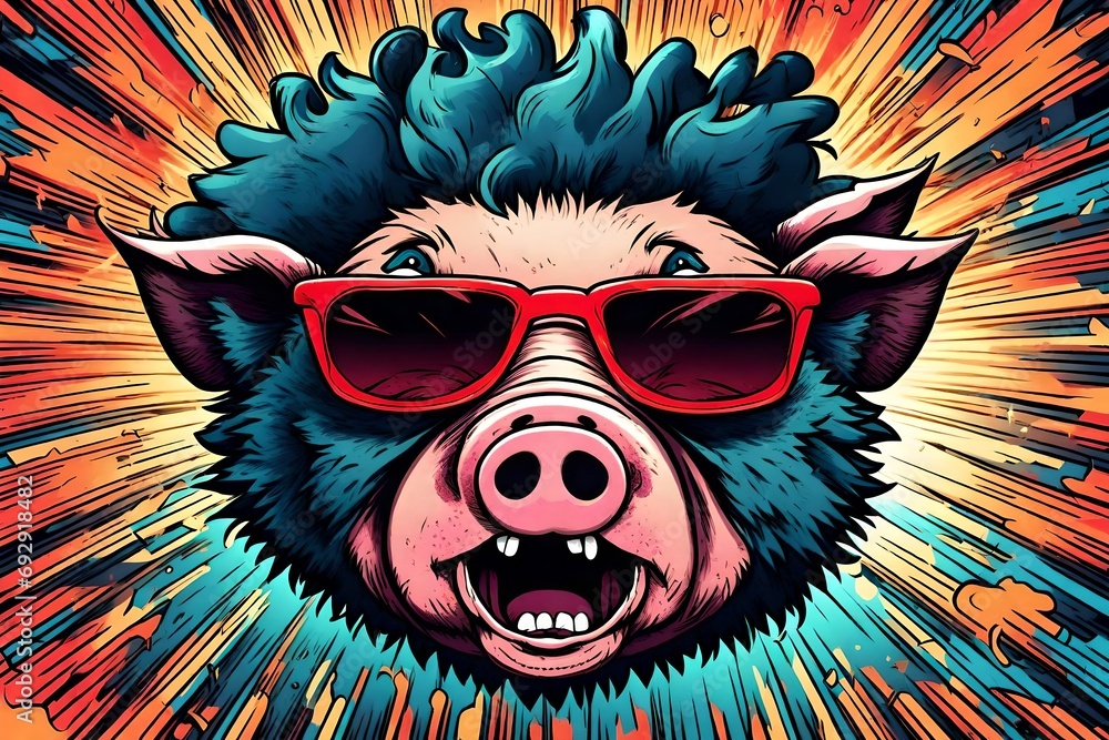Cartoon illustration of an angry cartoon pig with afro hair and dark ...