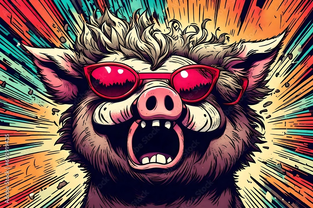 Cartoon illustration of an angry cartoon pig with afro hair and dark ...