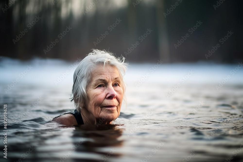 Elderly woman swimming in outdoor cold pond water. Senior female ...