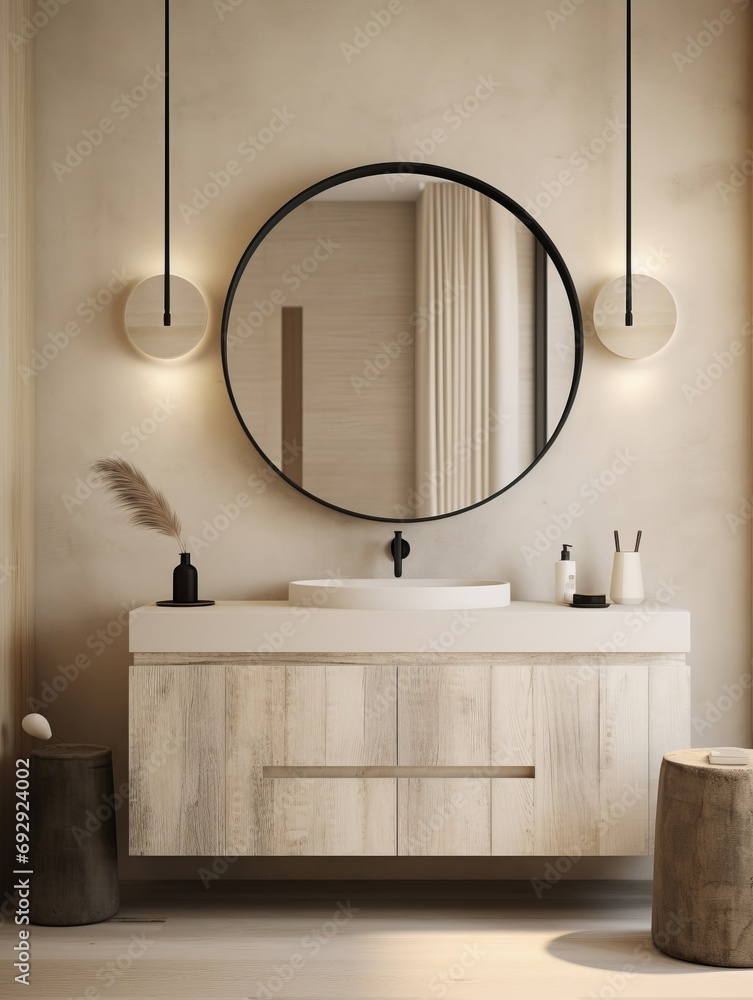 restroom counter with round mirror home interior design mockup template ...