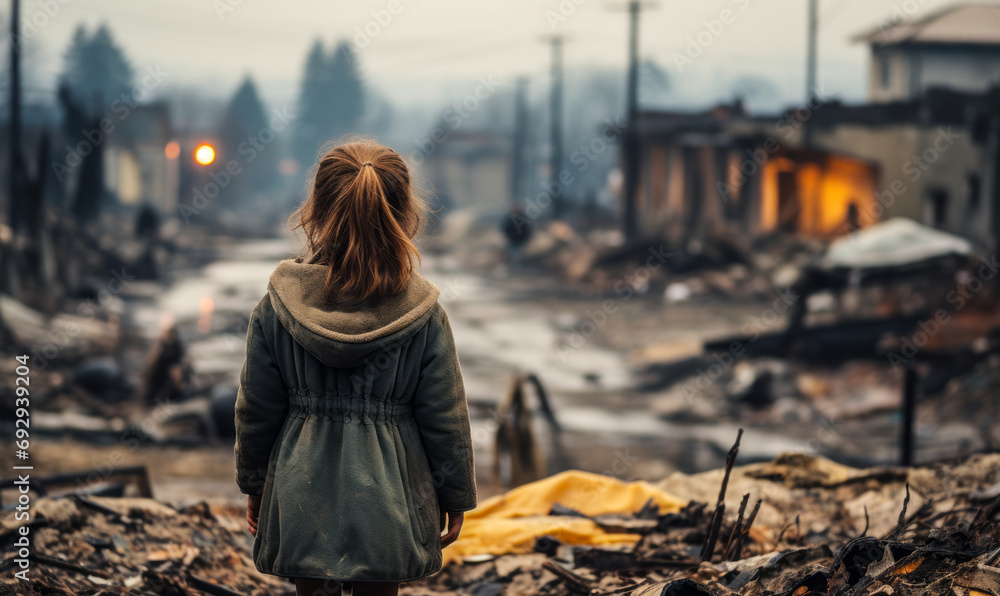 Little girl standing alone amidst the devastation of a burnt ...