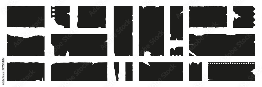Set of jagged edge rectangle shape. Black ripped paper sheet with ...