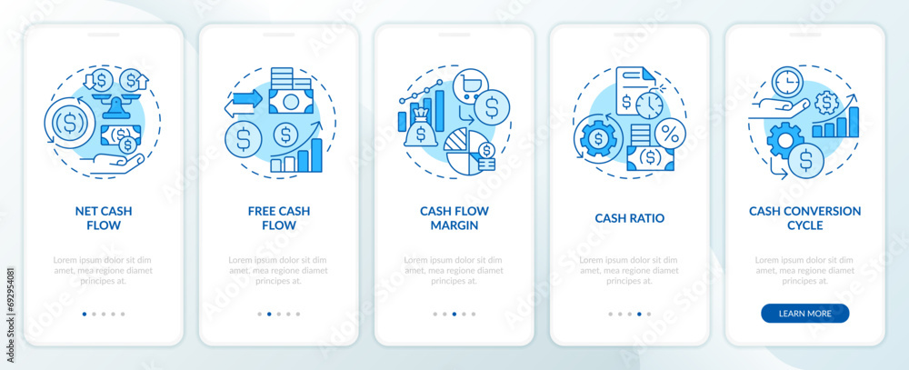 2D icons representing key metrics cash flow monochromatic mobile app ...