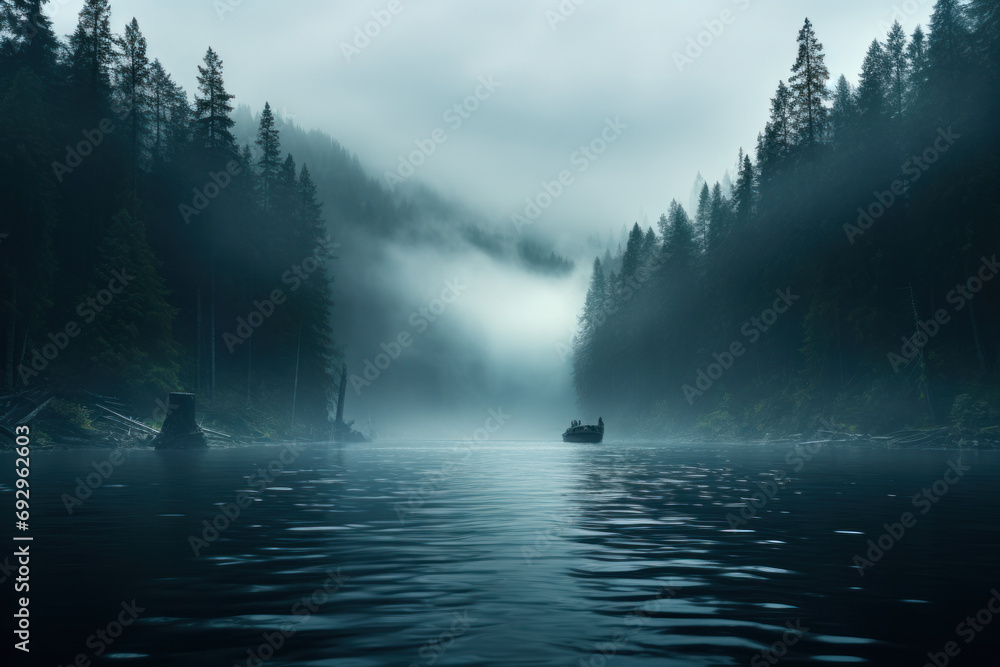 Thick fog enveloping a tranquil lake, creating an ethereal and ...