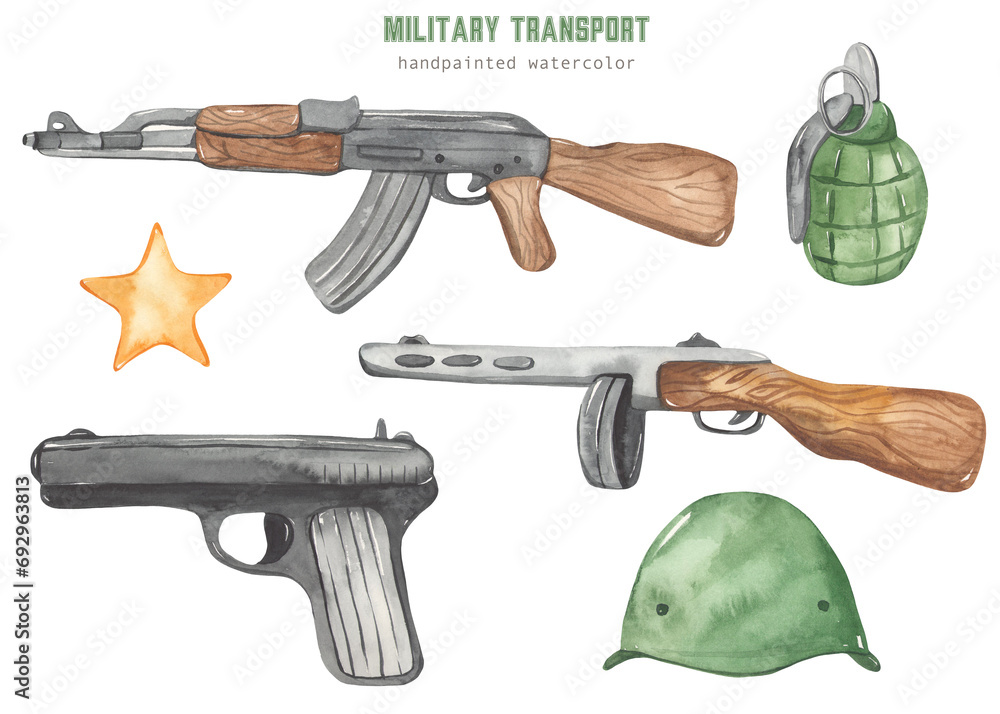Watercolor military weapon, machine gun, machine gun, grenade, pistol ...