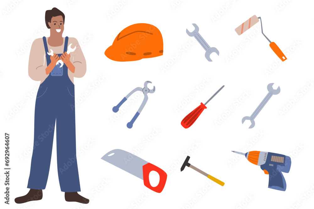 set of building tools and pretty man worker with dark skin. Vector ...