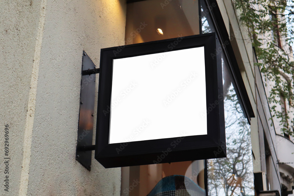 Outdoor hanging mounted sign on the wall mockup template. Signboard ...