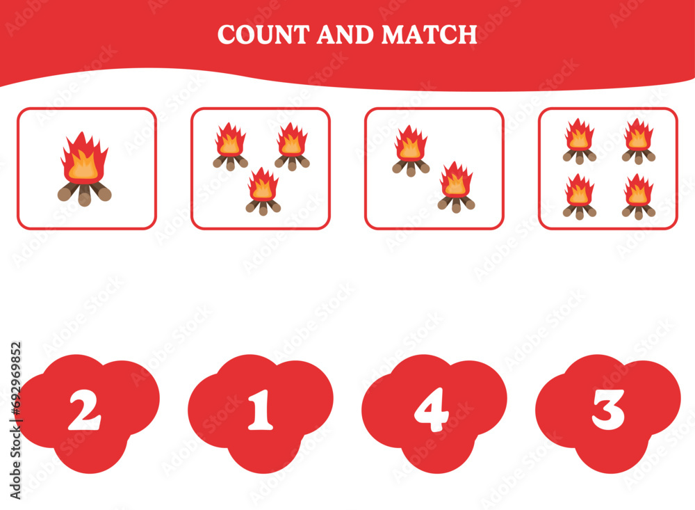 Count and match game with campfire. Educational worksheet design for ...