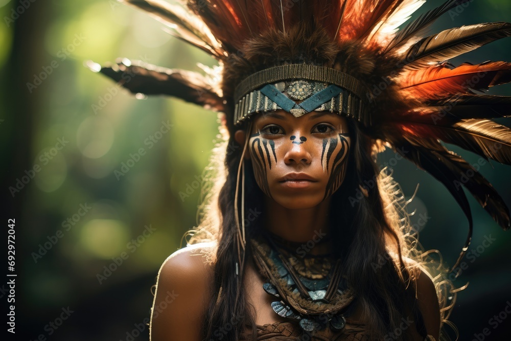 A young tribal woman adorned with traditional makeup, headdress, and ...