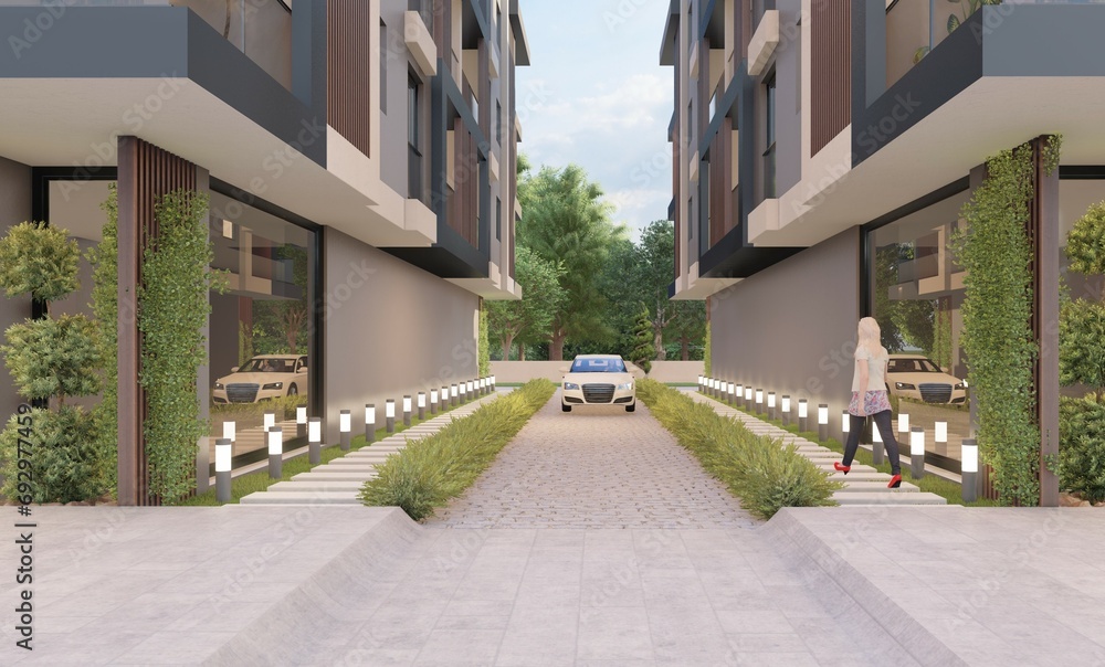 3D Render of car coming between 2 Blocks Apartment Building with Wood ...