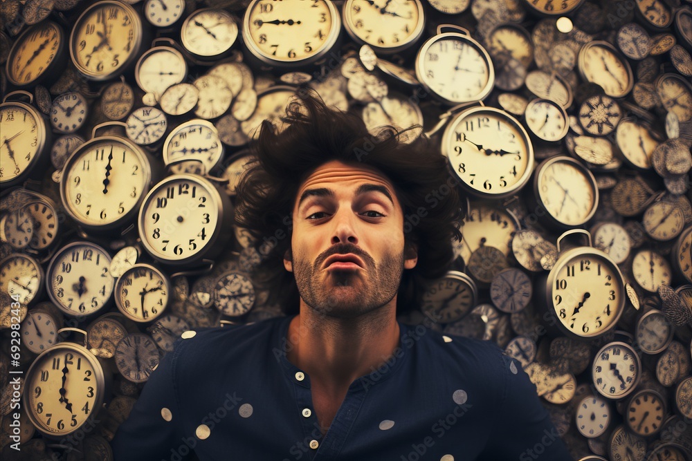 Exhausted and sleep-deprived man surrounded by numerous alarm clocks on ...