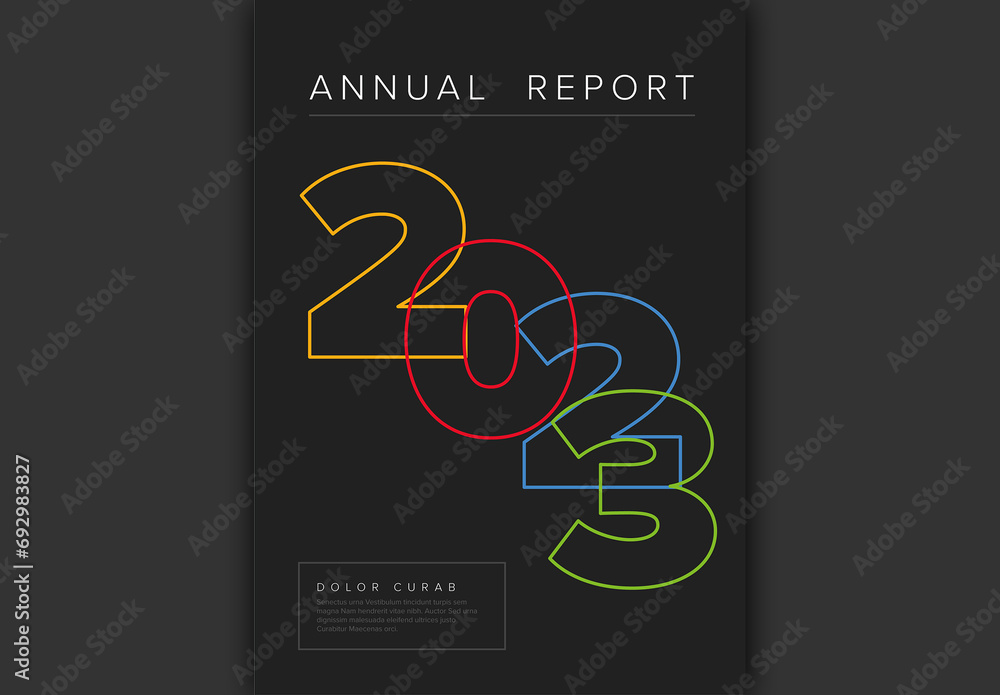Dark annual report front cover page template with big color year ...