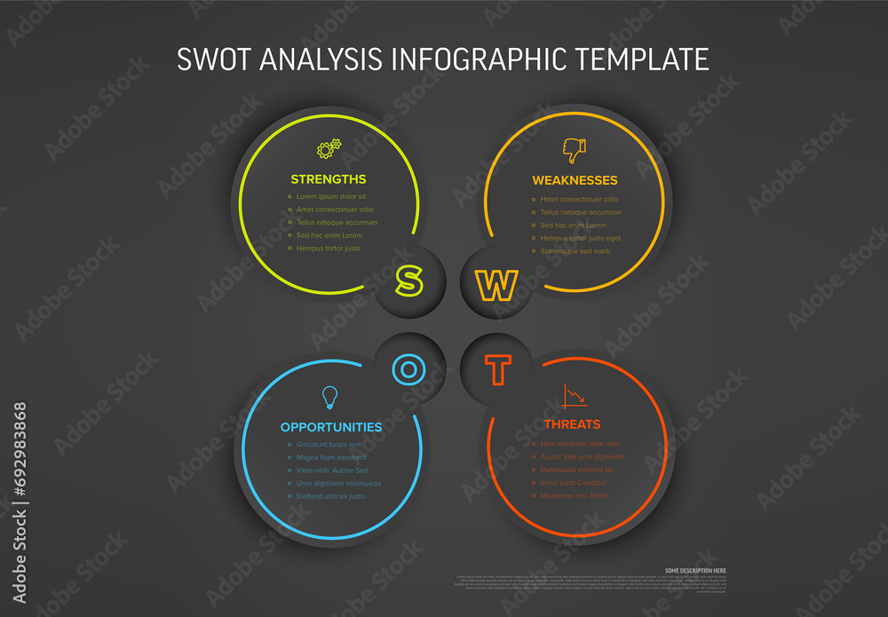 Vector dark simple SWOT illustration template with circle blocks Stock ...