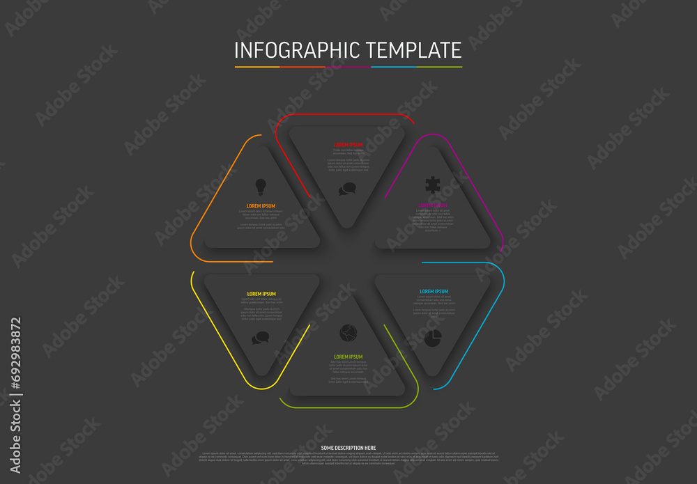 Six triangle elements infographic with icons and descriptions in ...