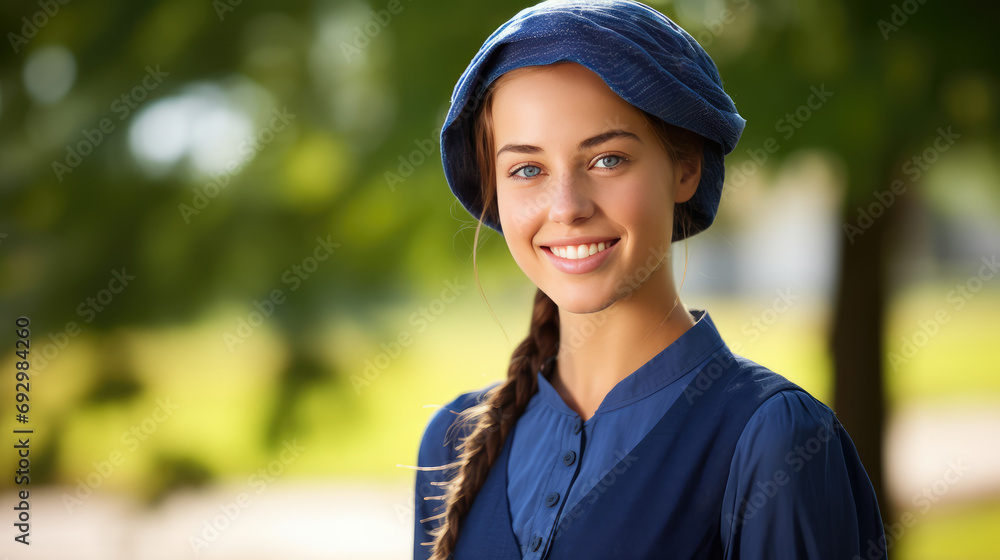 Beautiful young Amish women in traditional dress of community and hat ...
