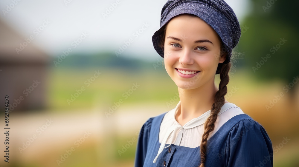 Beautiful young Amish women in traditional dress of community and hat ...