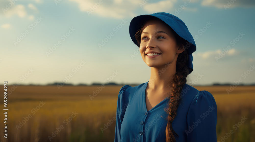 Beautiful young Amish women in traditional dress of community and hat ...