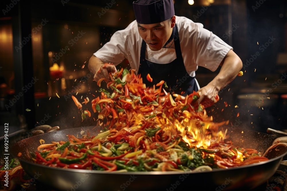Dynamic and action-packed shot of a chef tossing vegetables in a wok ...