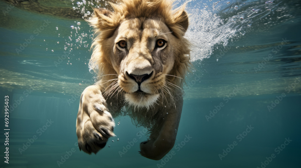 Lion jump into a water. Underwater photography. Animal dive into the ...